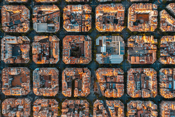 Aerial view of typical buildings of Barcelona cityscape. Eixample ...