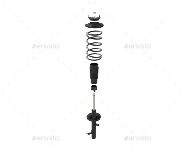 Vehicle suspension absorber in explode view with components. 3D ...