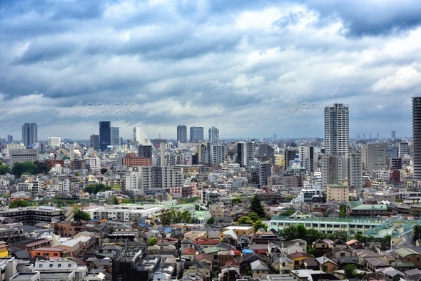 Beautiful urban scenery with buildings od different shapes and sizes ...