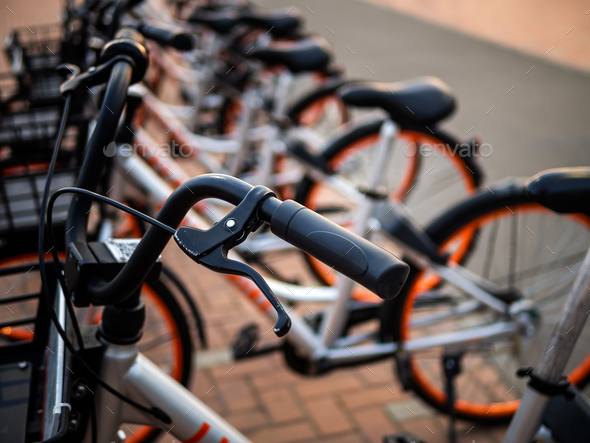 Bike rental on the main street of the city. Bike sharing system. Stock ...