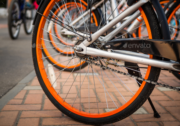 Bike rental on the main street of the city. Bike sharing system. Stock ...