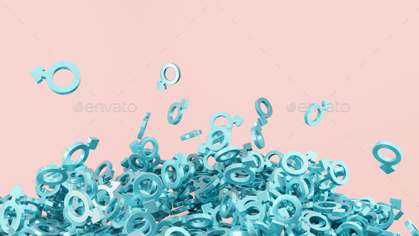 Lots of male signs floating and falling on big pile. Blue metal symbols ...