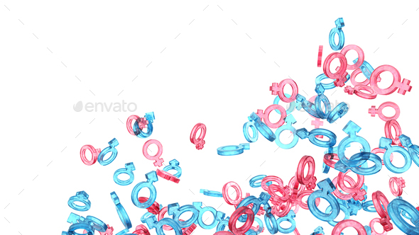 Lots of female and male gender signs floating on white background ...
