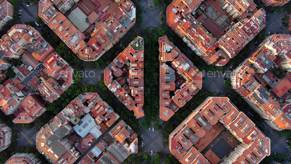 Bird's-eye View of Barcelona's Iconic Urban Grid: Eixample Residential ...