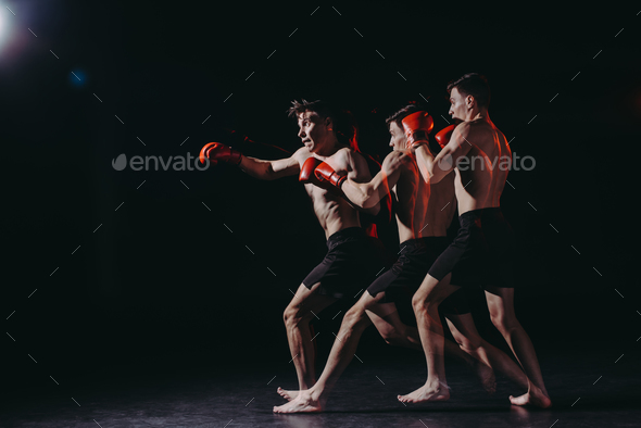 sequence shot of handsome shirtless muscular boxer in boxing gloves doing punch Stock Photo by ...