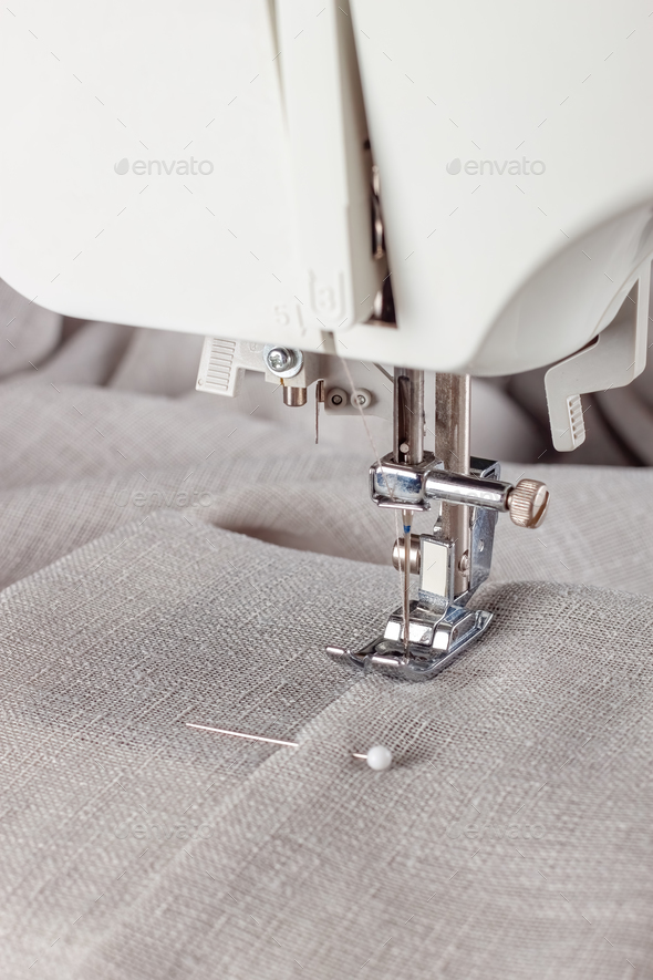 Modern Sewing Machine Presser Foot With Linen Fabric And Thread ...