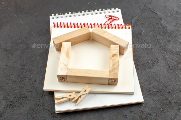 bottom view spiral notebooks wood blocks on black background Stock ...