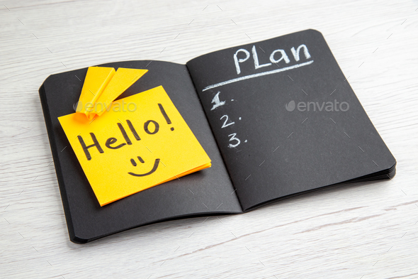 front view open dark notepad with cute note on white background drawing ...