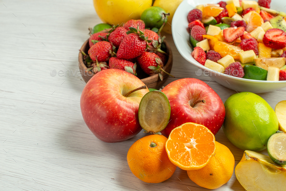 front view fruit salad with different fresh fruits on white background ...