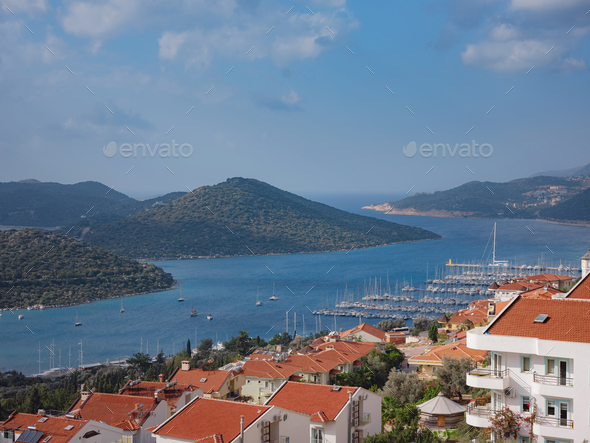 Harbour of city Kas or Kash in Turkey and Greek island Kastelorizo ...