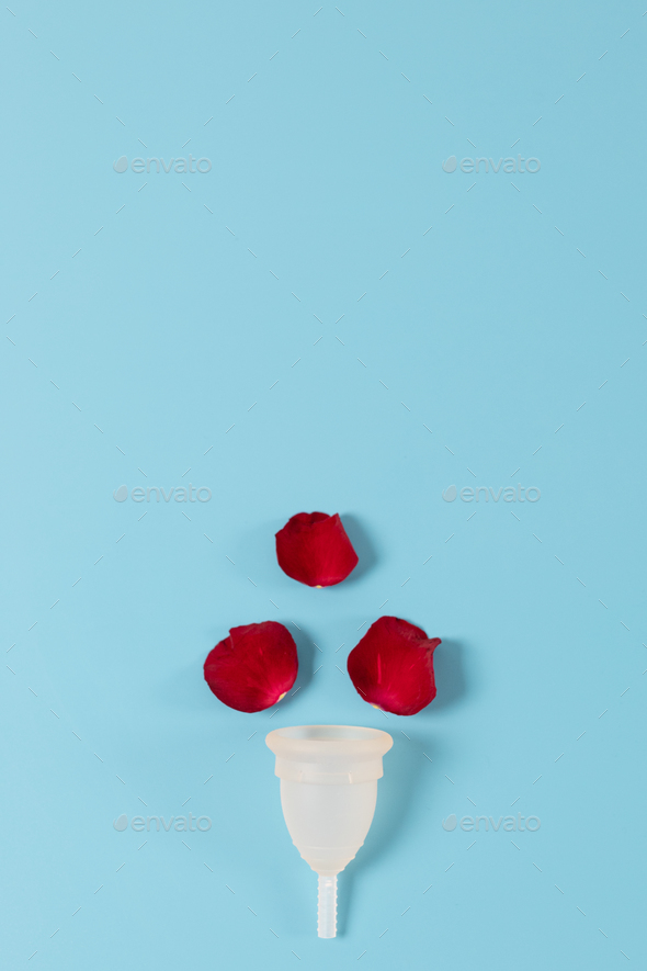Menstrual cup and red rose petal on a blue background. Stock Photo by ...