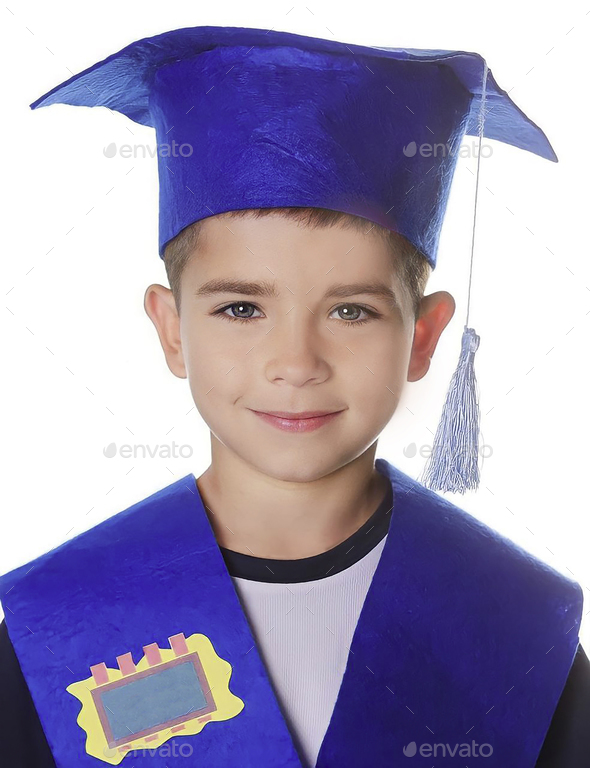 portrait of a smiling cute boy in a blue academic suit in a square hat ...