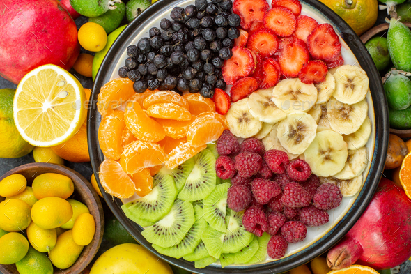 top view fruit composition different fresh fruits on the gray ...