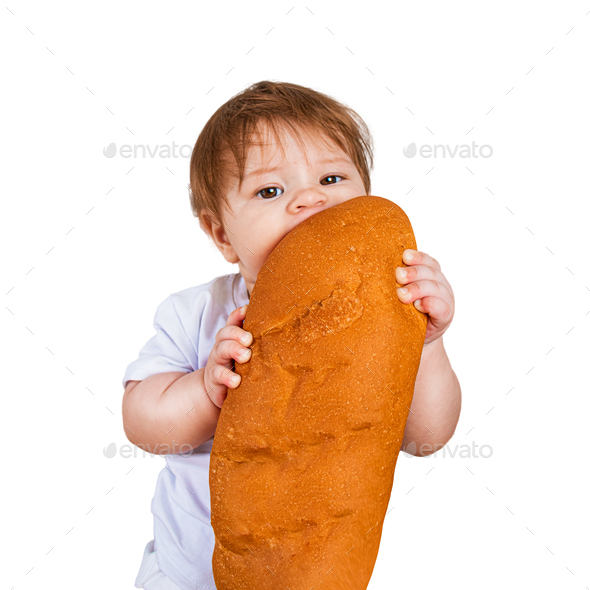 baby eating bread white , background, Little boy with bread Stock Photo ...