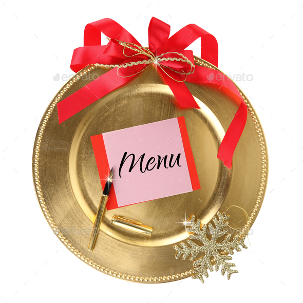 Golden Christmas plate isolated on white background Stock Photo by rawf8