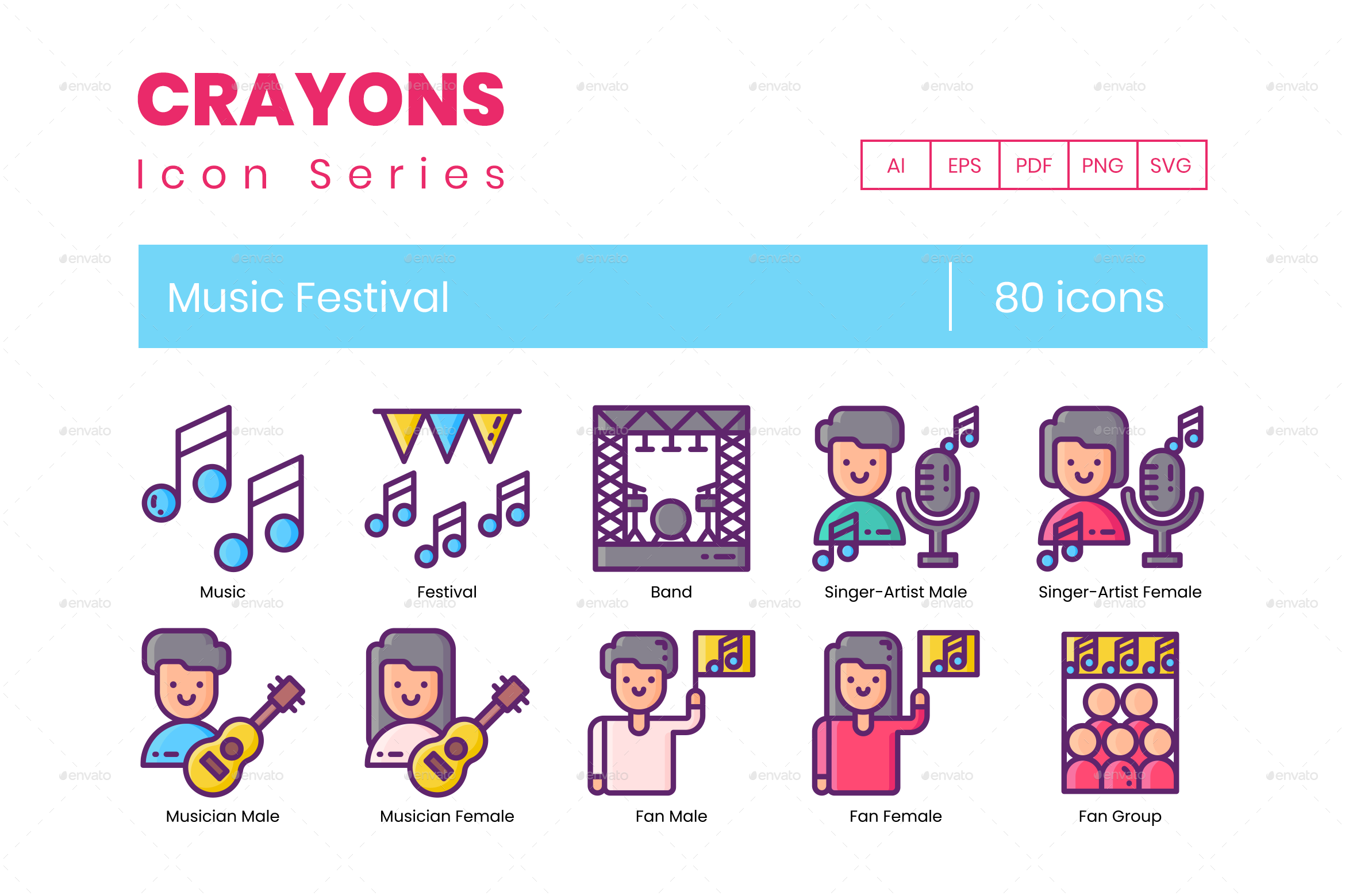 80 Music Festival Icons | Crayons Series by Krafted | GraphicRiver