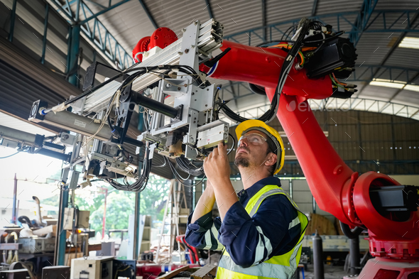 Robotic Arm engineer check on equipment in its with software of ...
