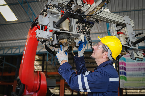 Robotic Arm engineer check on equipment in its with software of ...