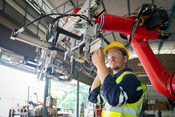 Robotic Arm engineer check on equipment in its with software of ...