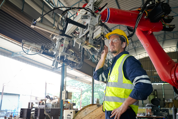 Robotic Arm engineer check on equipment in its with software of ...