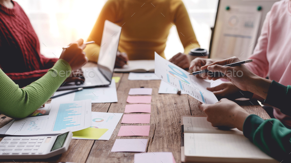 Teamwork. Group of business people brainstorming meeting together with ...