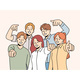 Group of Smiling People Point at Screen, Vectors | GraphicRiver
