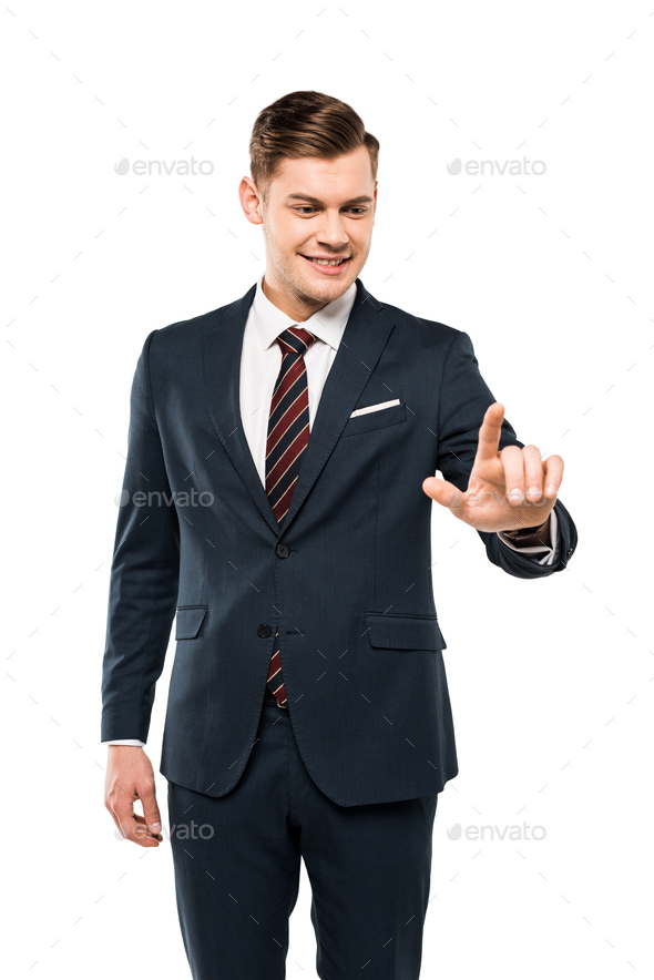 happy man in formal wear pointing with finger isolated on white Stock ...