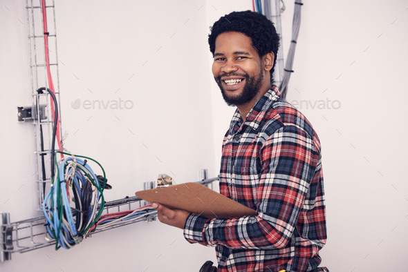 Cable inspection, portrait and a black man for maintenance, building ...