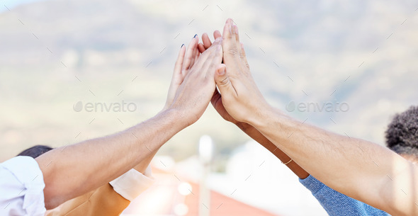 People, friends and high five hands for support, solidarity and teamwork of target, agreement ...