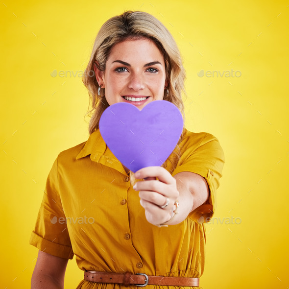 Portrait, cut out heart and woman with support, smile and wellness ...