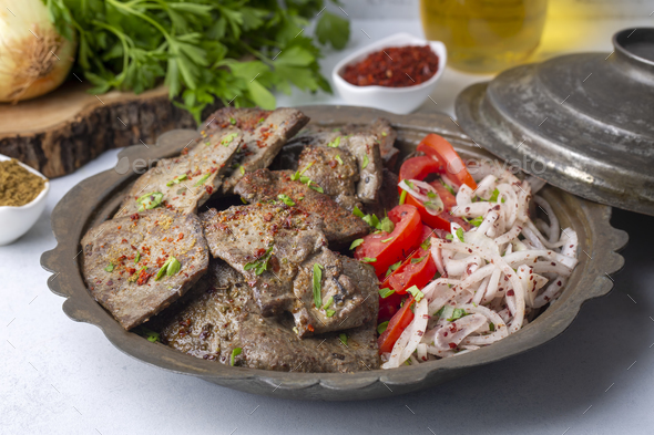 Traditional Turkish Liver kebab cuisine. Delicious turkish ciger ...