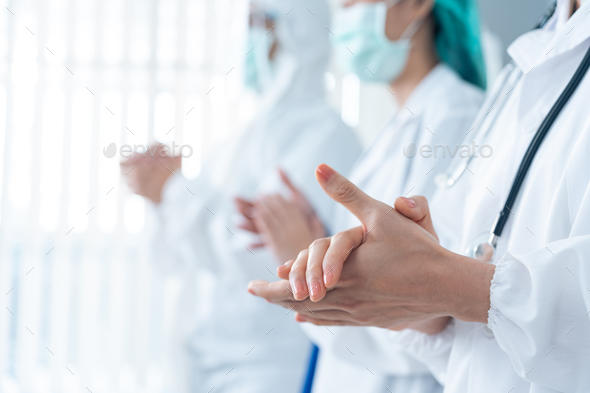Close up Group of Asian doctor and nurse clapping the hands with smile ...