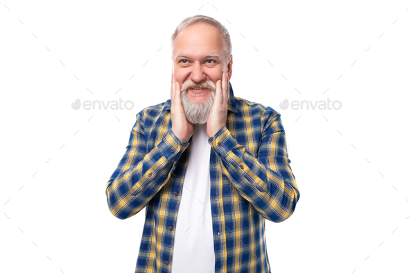 smiling kind 50s mid aged gray-haired man with a beard in a shirt on a ...