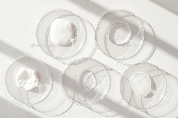 Different Cosmetics Products Samples of Gel in Laboratory Petri Dishes ...