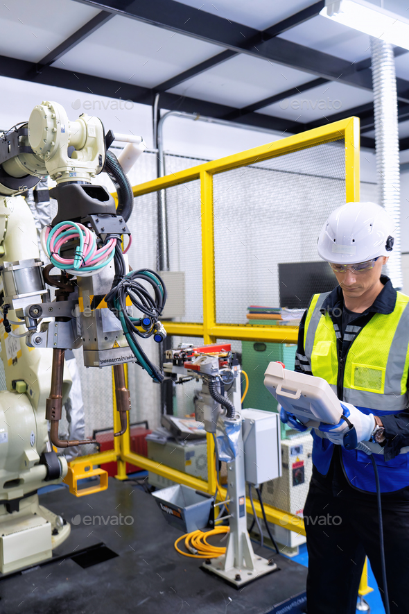 Engineer service robot welding in factory software programming ...