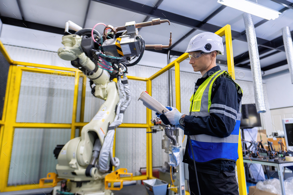 Engineer service robot welding in factory software programming ...