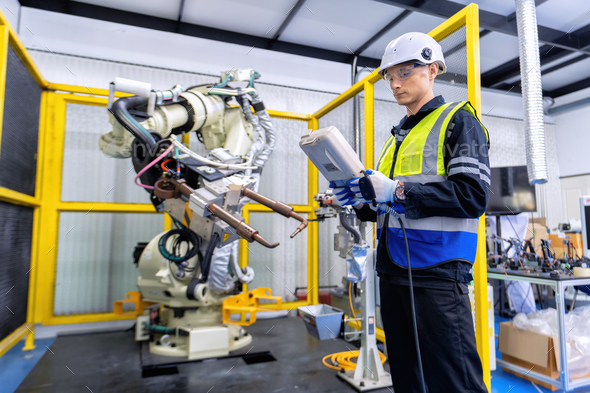 Engineer service robot welding in factory software programming ...