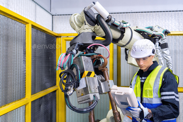 Engineer service robot welding in factory software programming ...
