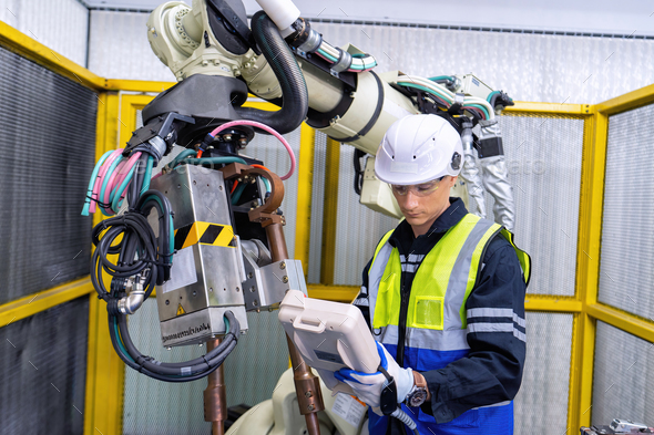 Engineer service robot welding in factory software programming ...