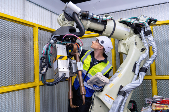 Engineer service robot welding in factory software programming ...