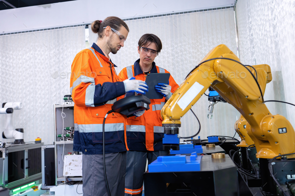 Engineer service robot welding in factory software programming ...
