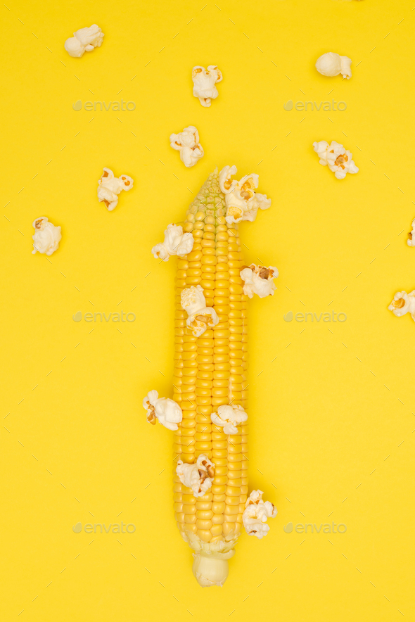 Popcorn explodes on the cob of corn on a yellow background. Stock Photo ...
