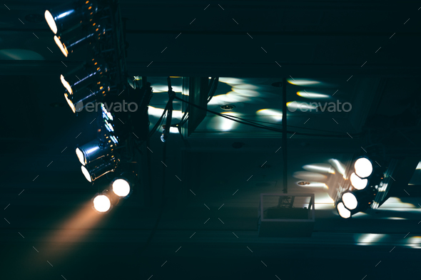 Blurred defocused flashlight effect and disco blue light party in the ...