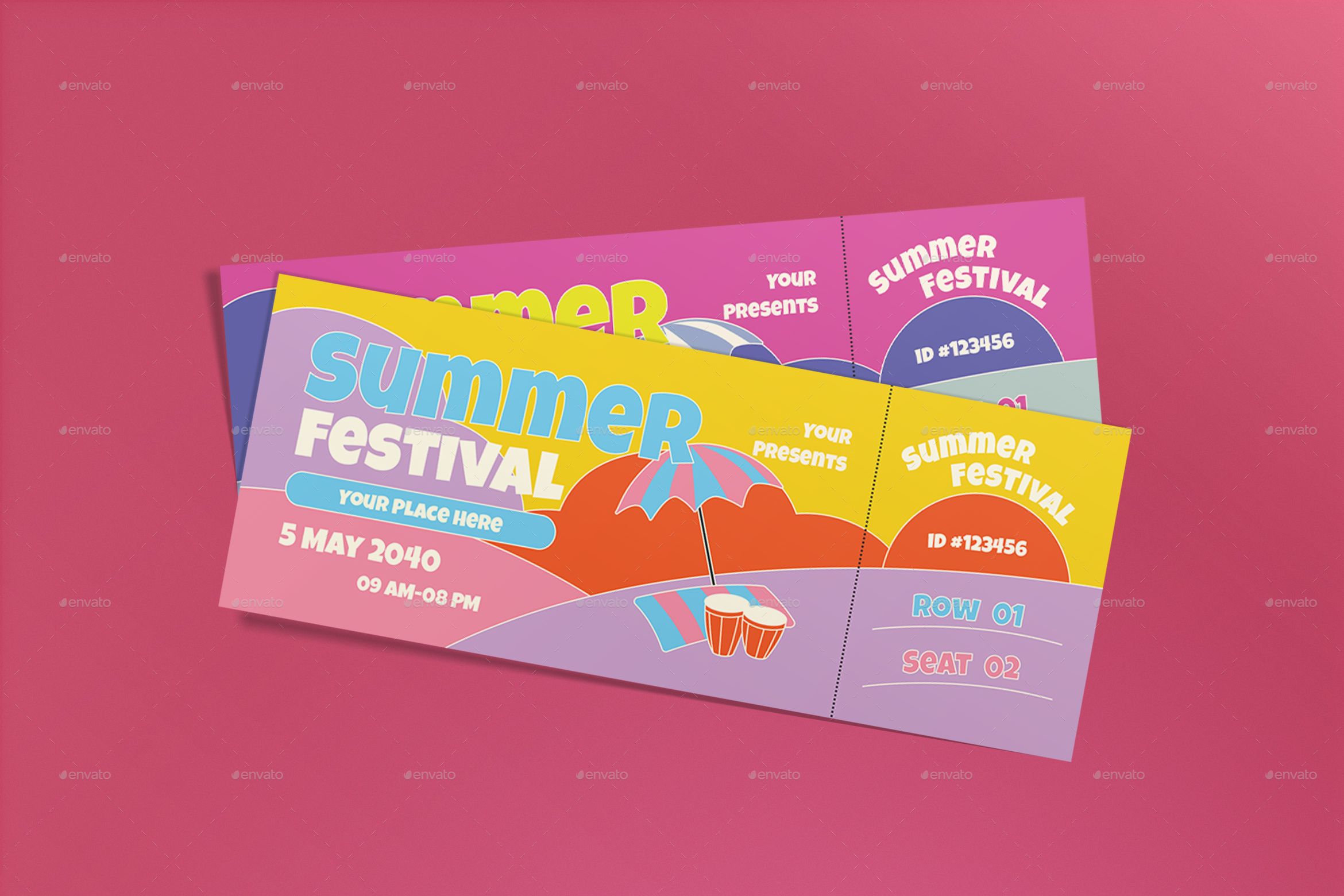 Yellow Flat Design Summer Festival Ticket, Print Templates | GraphicRiver