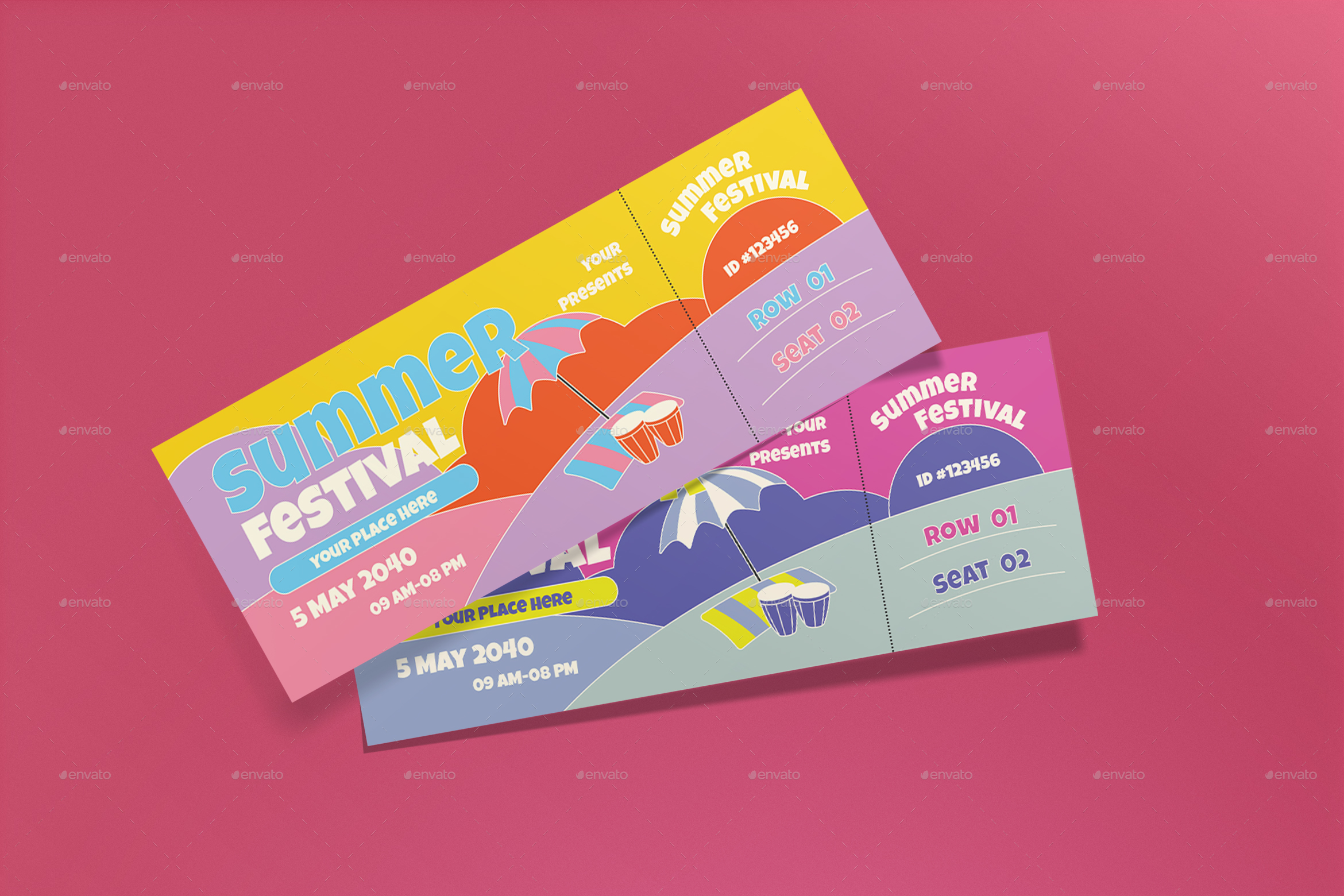Yellow Flat Design Summer Festival Ticket, Print Templates | GraphicRiver
