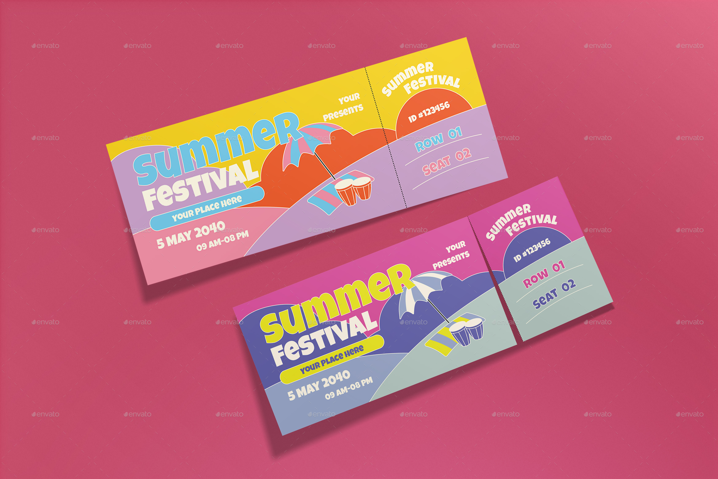 Yellow Flat Design Summer Festival Ticket, Print Templates | GraphicRiver