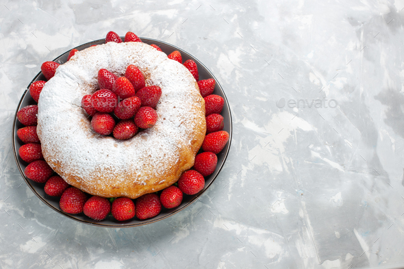 front view strawberry cake with sugar powder on white background pie ...