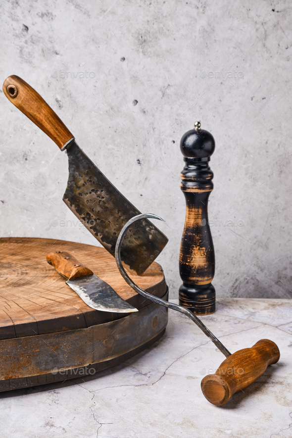 Different types of butcher tools forged by blacksmith Stock Photo by ...