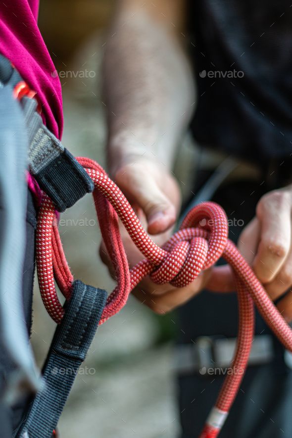 Alpinist tying a rope on his climbing equipment Stock Photo by wirestock