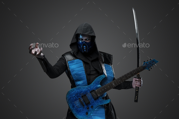 Stealth ice assassin with katana and electric guitar Stock Photo by ...